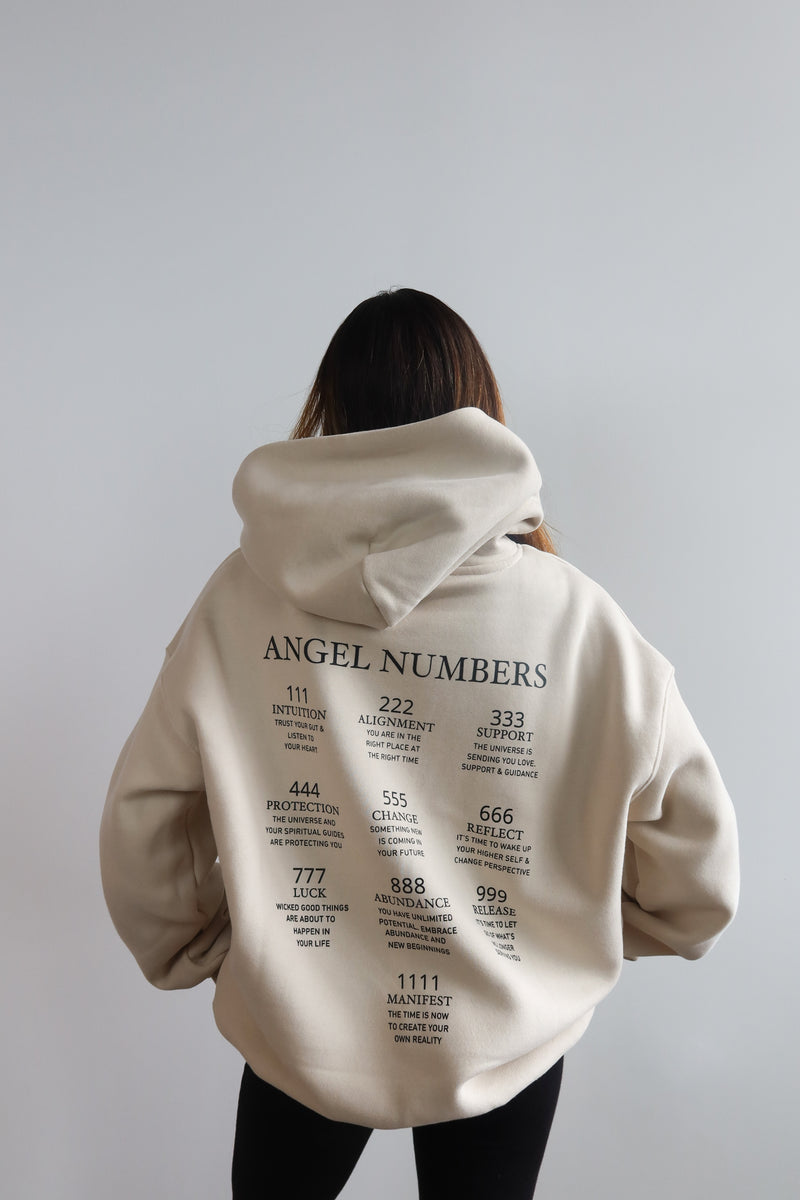 Angel number hoodie in "tahini"